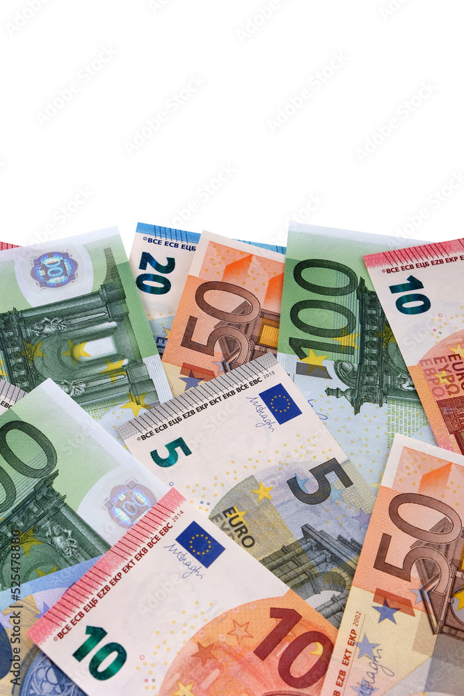 Border of various different Euro currency bills vertical isolated ...