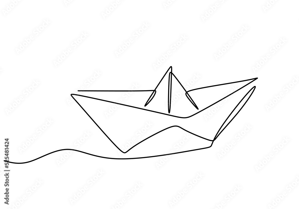 One continuous single line hand drawing of paper ship isolated on white ...
