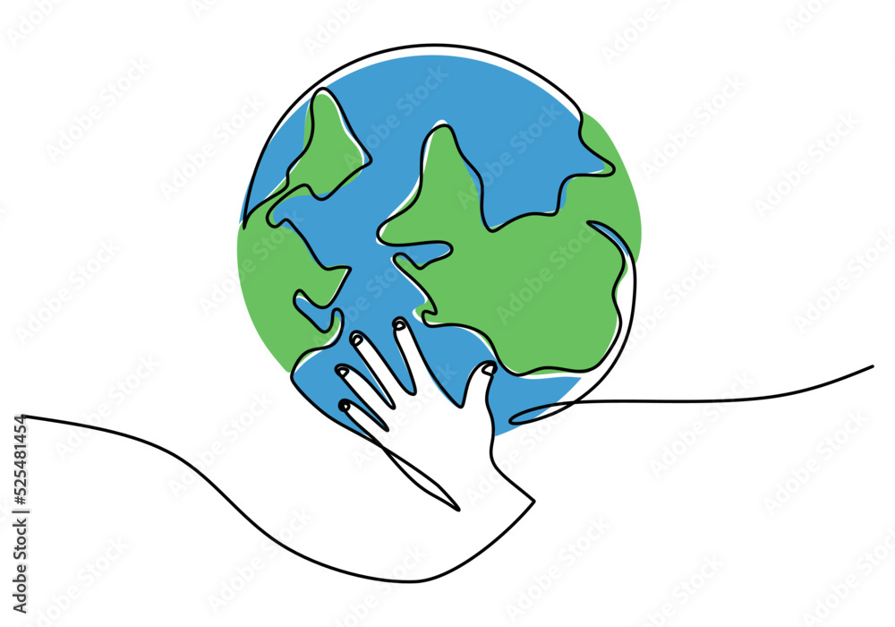 One continuous single line hand drawing of hand hold globe earth ...