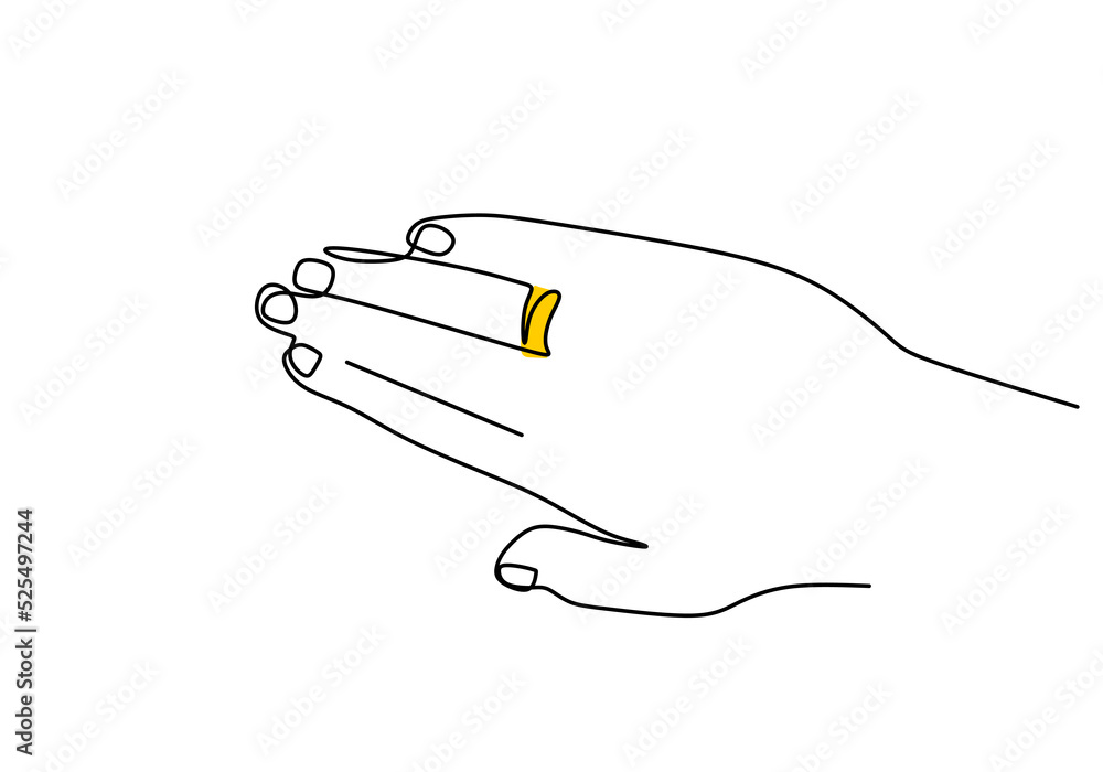 One continuous single line hand drawing of right hand wear ring with ...