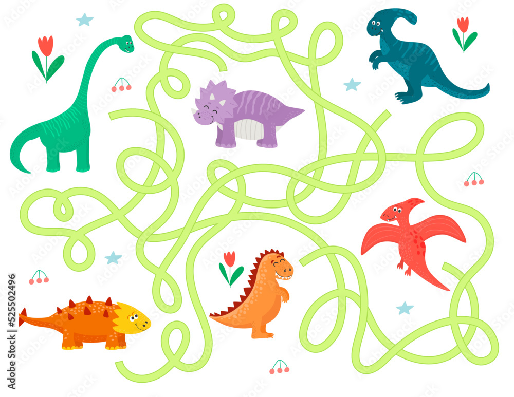 Cartoon dinosaurs vector labyrinth maze game or kids riddle. Logic ...