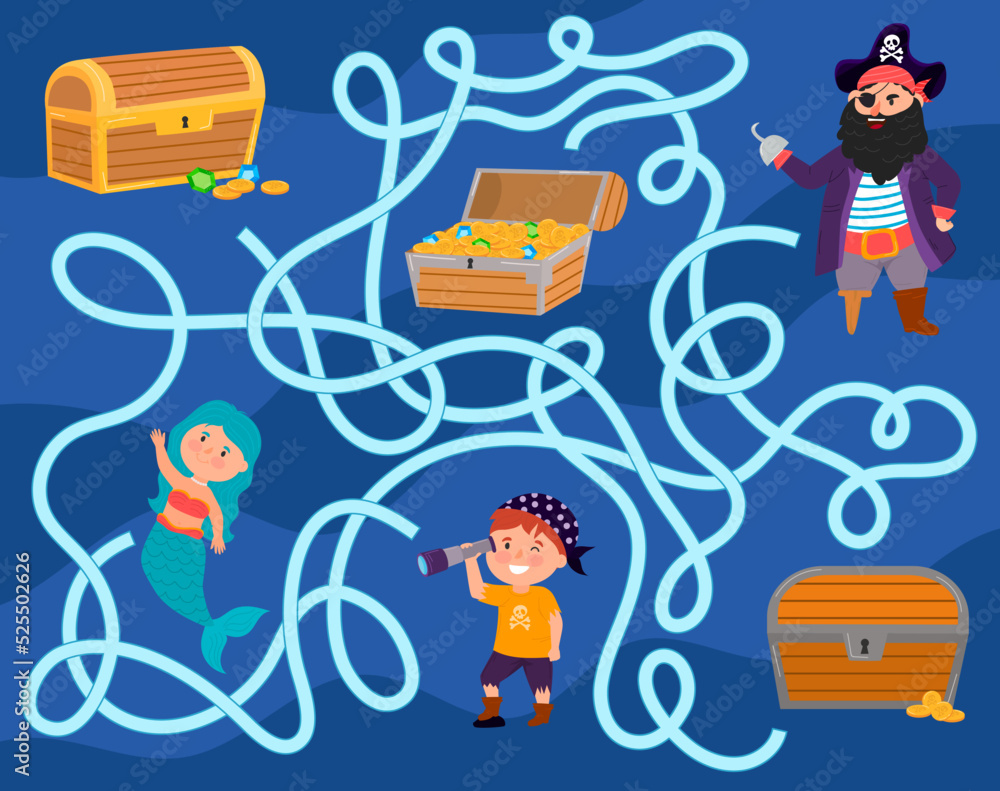 Pirate maze for kids. Treasure hunt preschool activity. Help the pirate ...
