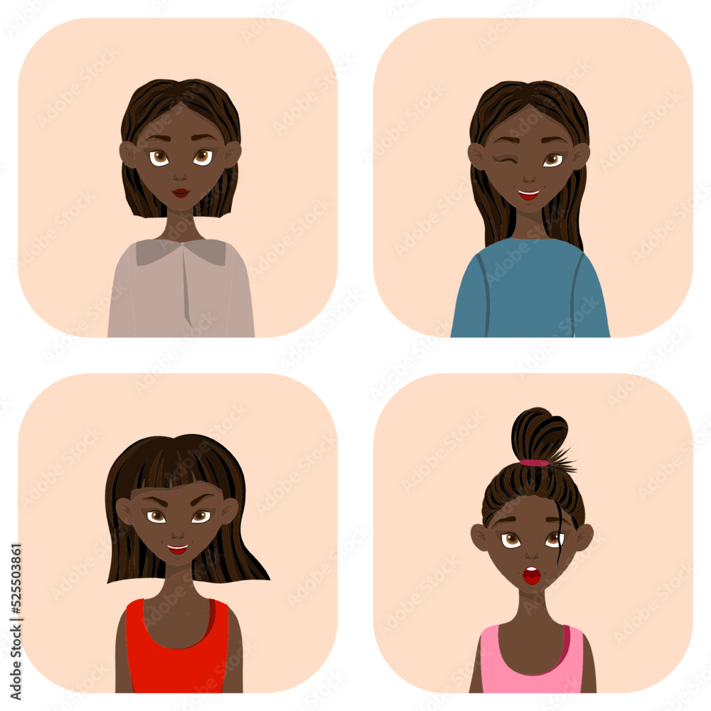 Girls with different facial expressions and emotions. Cartoon style ...