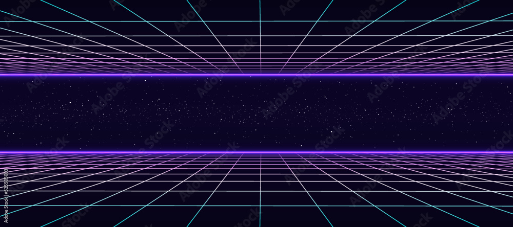 Digital vector space retro landscape in 1980s style. Futuristic double ...