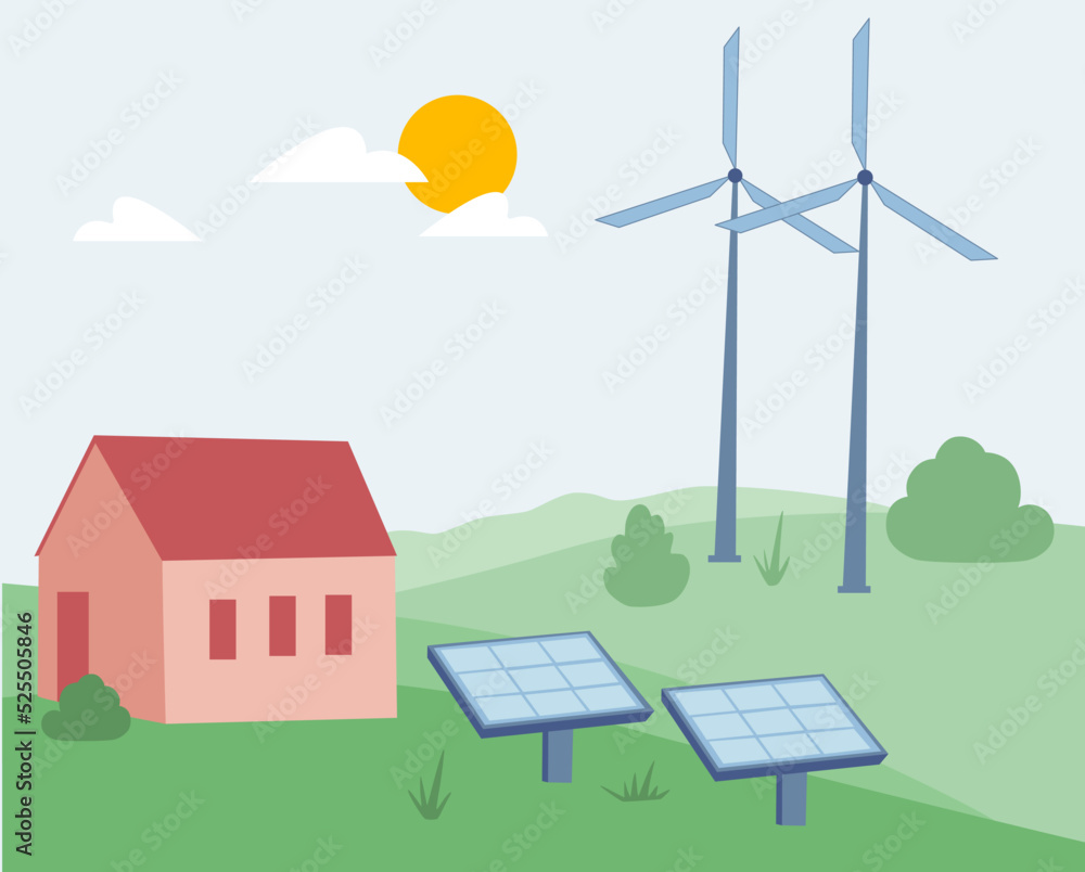 Solar panels. Green energy, urban landscape, ecology. Landscape with a ...