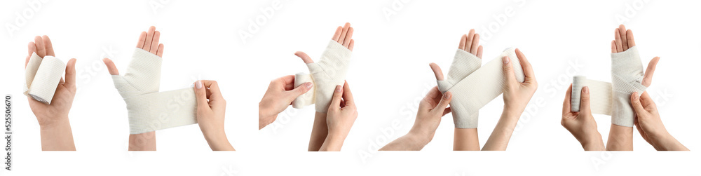 Collage with photos of applying elastic bandage onto patient's hand on ...