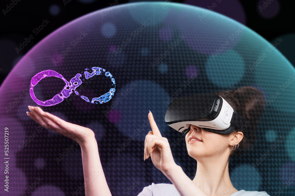 Foto Stock Metaverse contemporary collage. Portrait of woman in VR ...