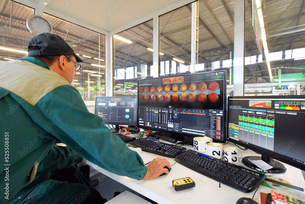 food factory: assembly line with apples and workers Stock Photo | Adobe ...