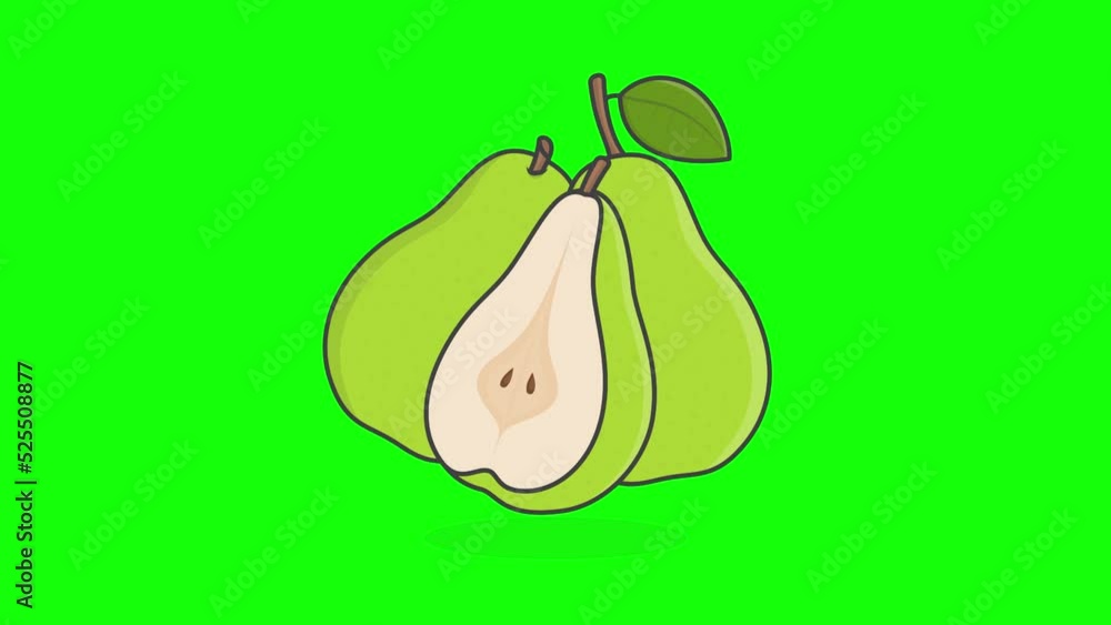 Slice And Whole Of Green Pear Fruit On Green Screen Background. 3D ...