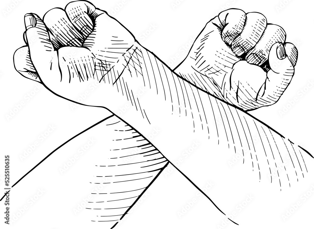 Raised female arms crossed with closed fists. Black and white vector ...