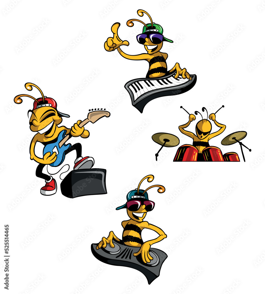Set of cartoon style bees musicians characters. Vector guitarist ...