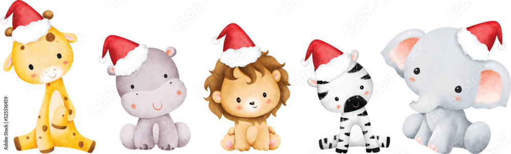 Watercolor Illustration set of cute baby safari animals wearing ...