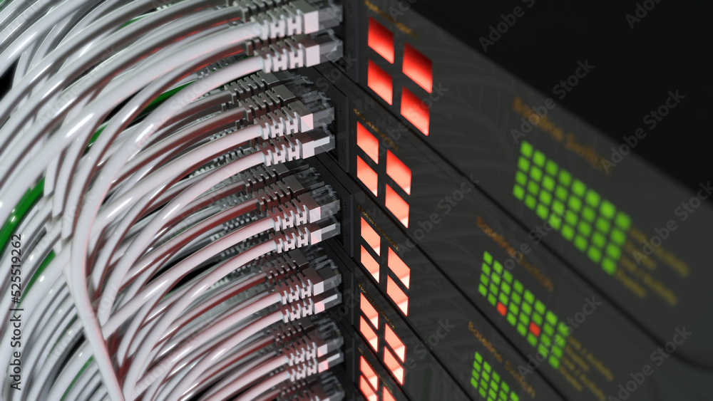 Ethernet rackmount switches and ethernet cables, data center concept ...