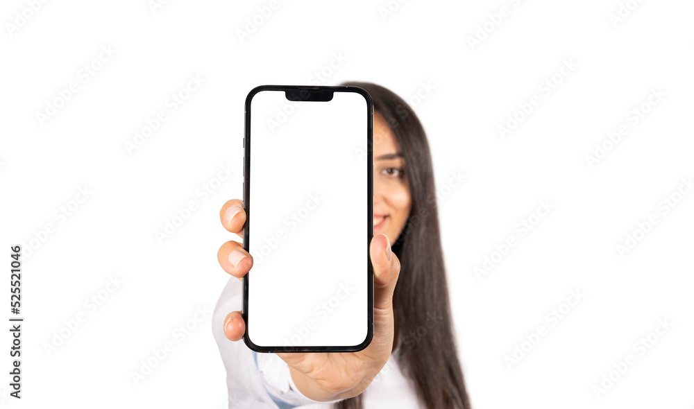 Woman showing smartphone, portrait of millennial woman showing ...