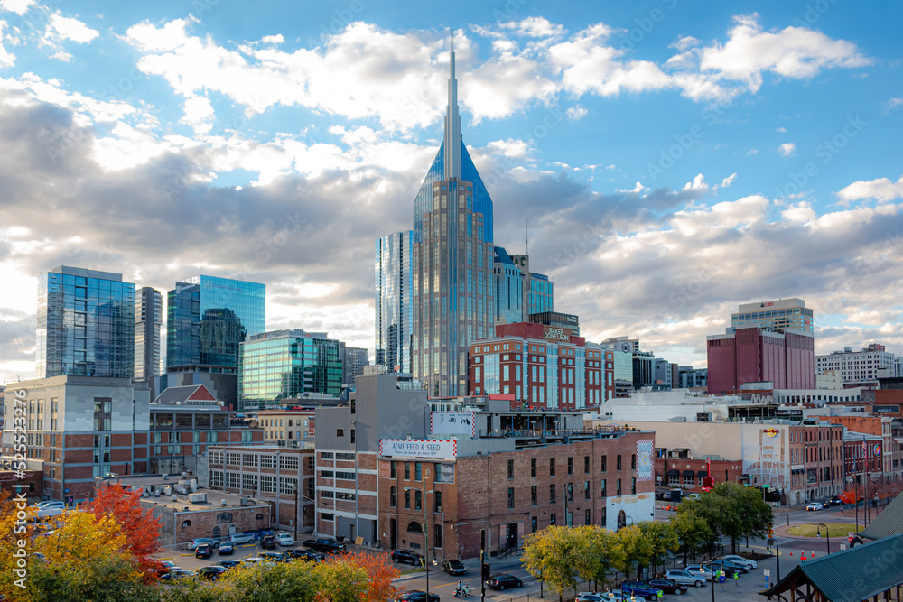 Colorful downtown Nashville city skyline autumn tree river view on a ...