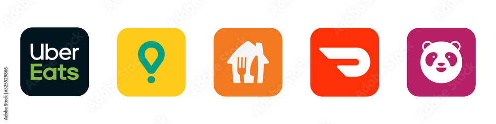 Popular food delivery service logos: Uber Eats, Glovo, Doordash ...