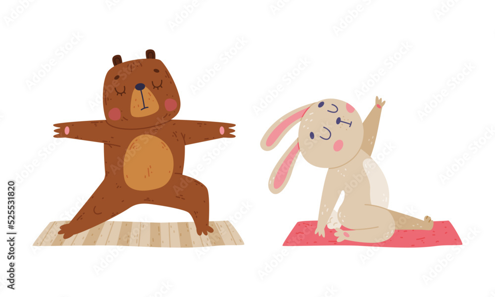 Cute animals doing yoga. Bear and bunny performing various yoga poses set cartoon vector ...