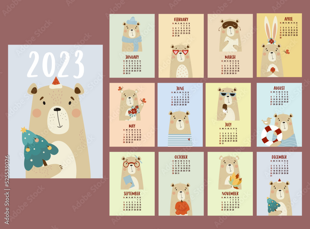 Yearly monthly design calendar for 2023 with cute bear. Set of 12 pages ...