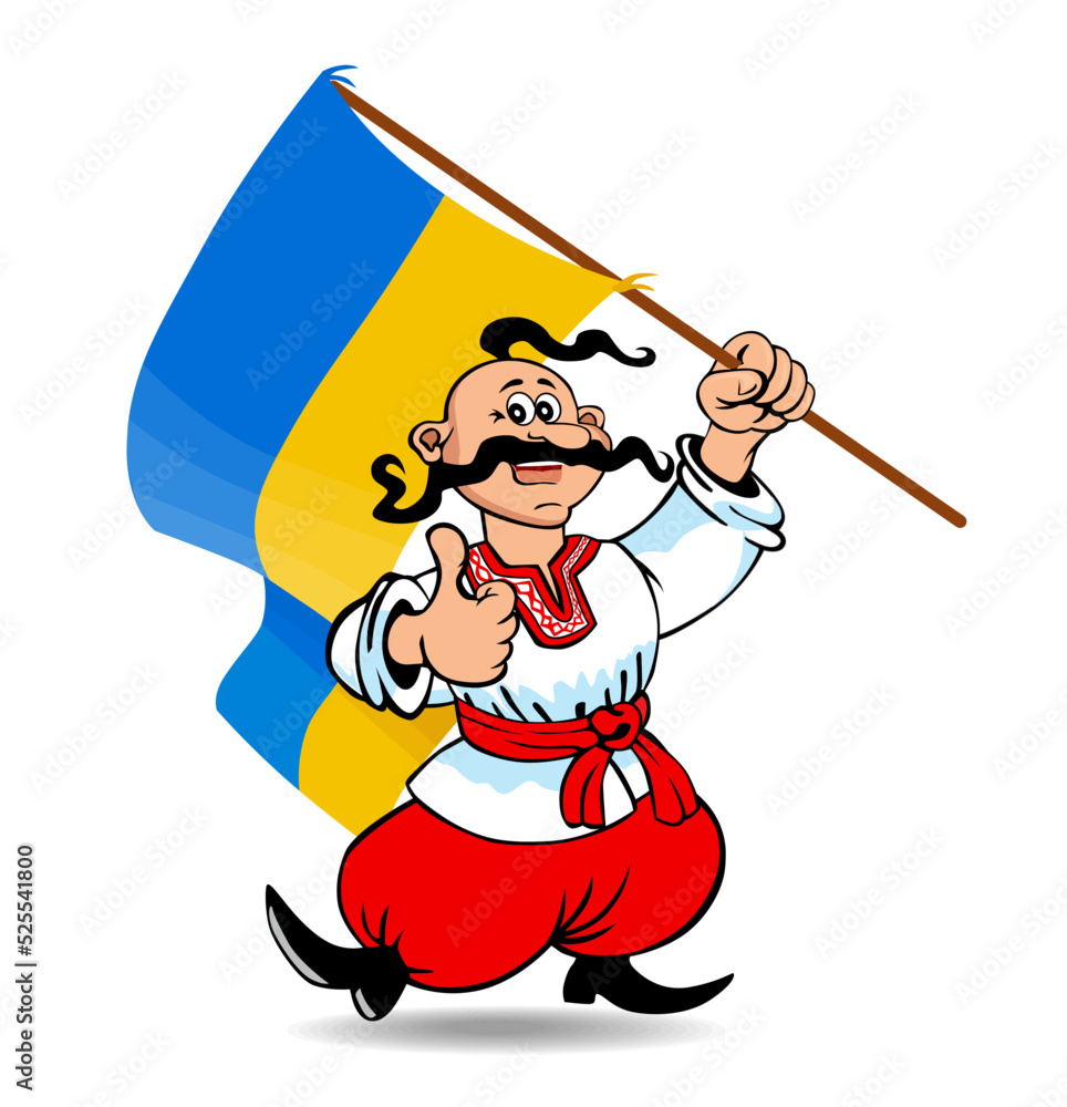 Ukrainian Cossack in ethnic dress with the flag of Ukraine. Vector on ...