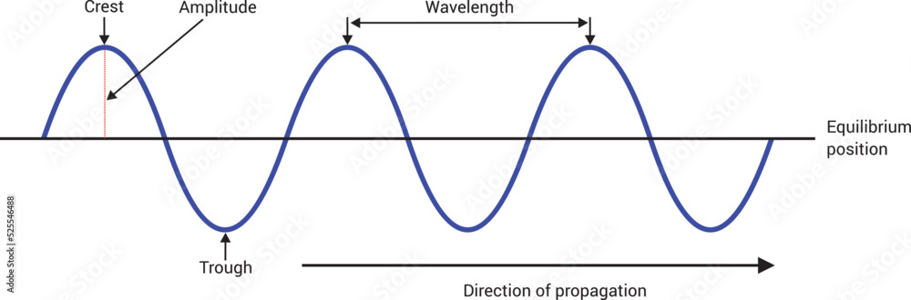Transverse wave period and amplitude vector illustration, sound wave ...