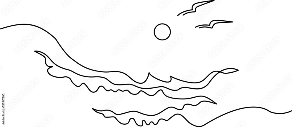 Seascape with waves, seagulls and sun. Continuous line drawing. Linear ...
