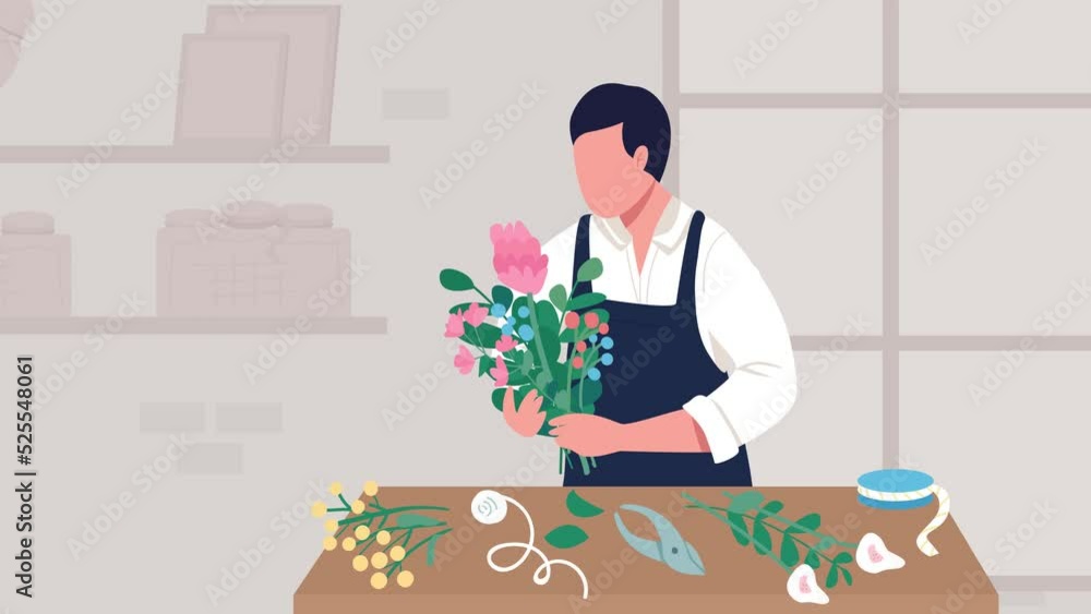 Animated flower dealer illustration. Floral arrangement workshop ...