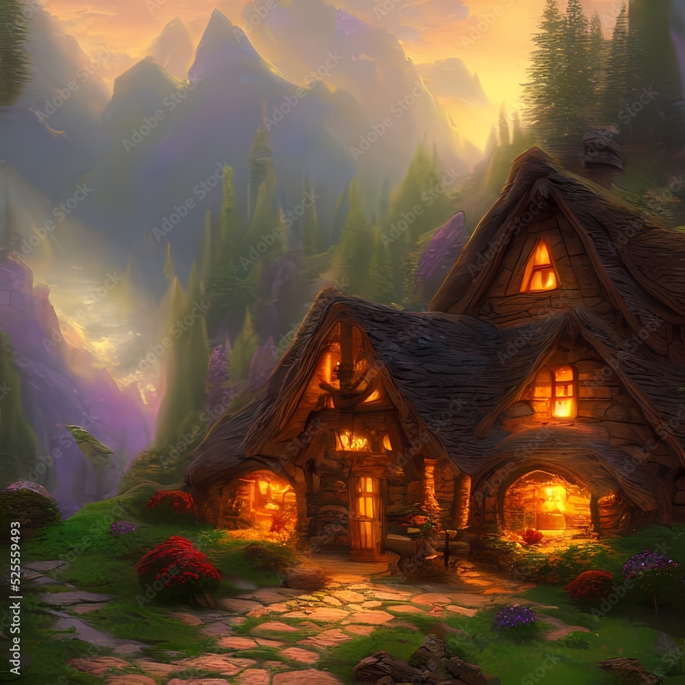 Medieval thatched cottage with cobblestone walls in a misty moonlit ...