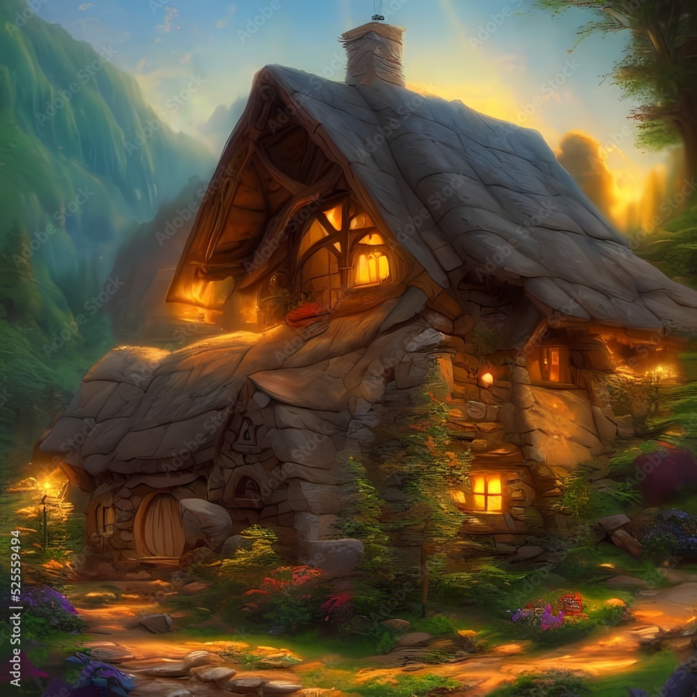 Medieval thatched cottage with cobblestone walls in a misty moonlit ...