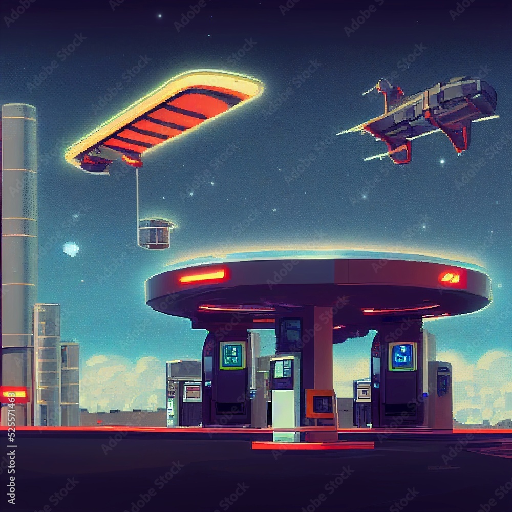Futuristic illustration of a cyberpunk gas station in pixel art style ...