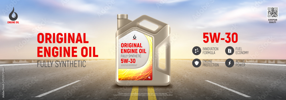 Engine oil advertising banner. Realistic vector illustration with ...