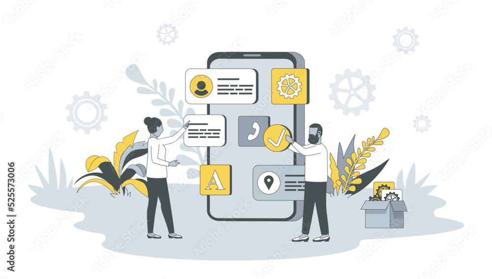 App development concept in flat design with people. Man and woman place ...