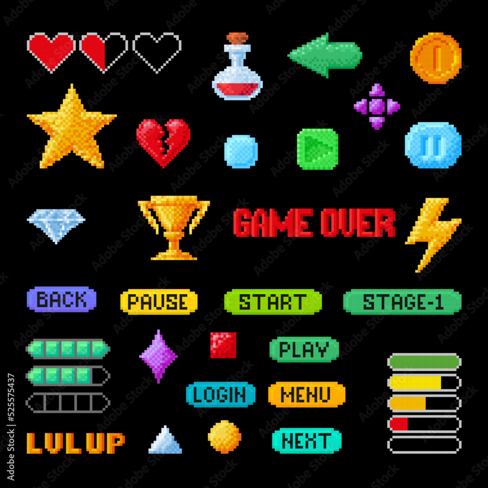 Pixel game virtual buttons set vector navigation and notation elements gaming interface Stock ...