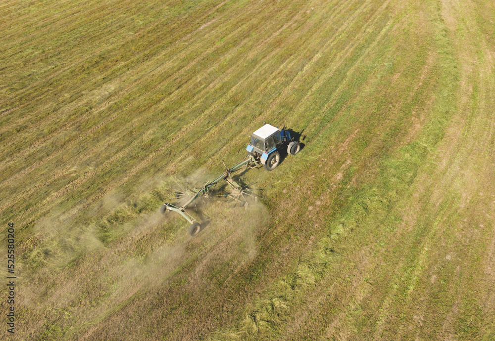 Tractor raking grass for silage harvesting. Agriculture farm machinery ...