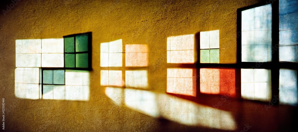 Abstract square building window frames, multi colored blocks and blurry ...