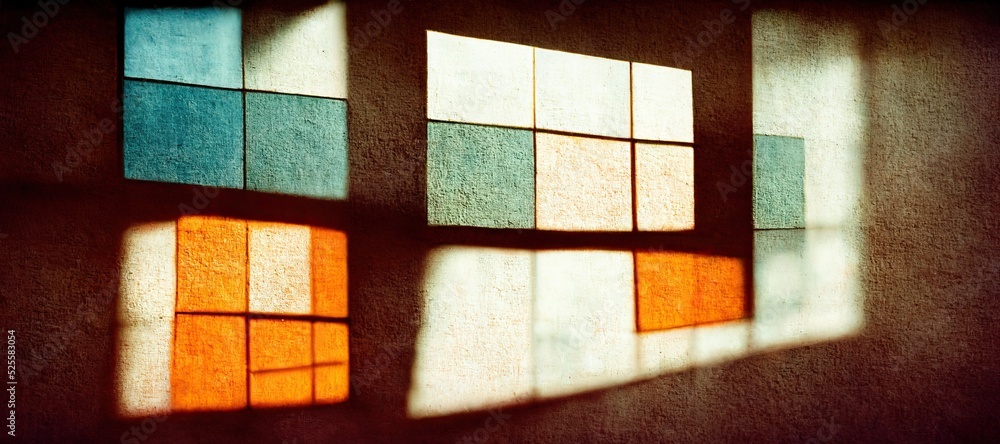 Abstract square building window frames, multi colored blocks and blurry ...
