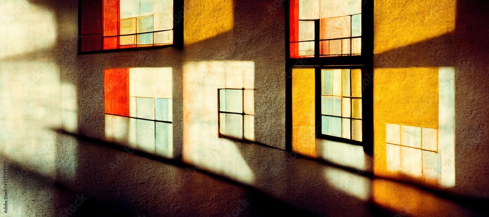 Abstract square building window frames, multi colored blocks and blurry ...