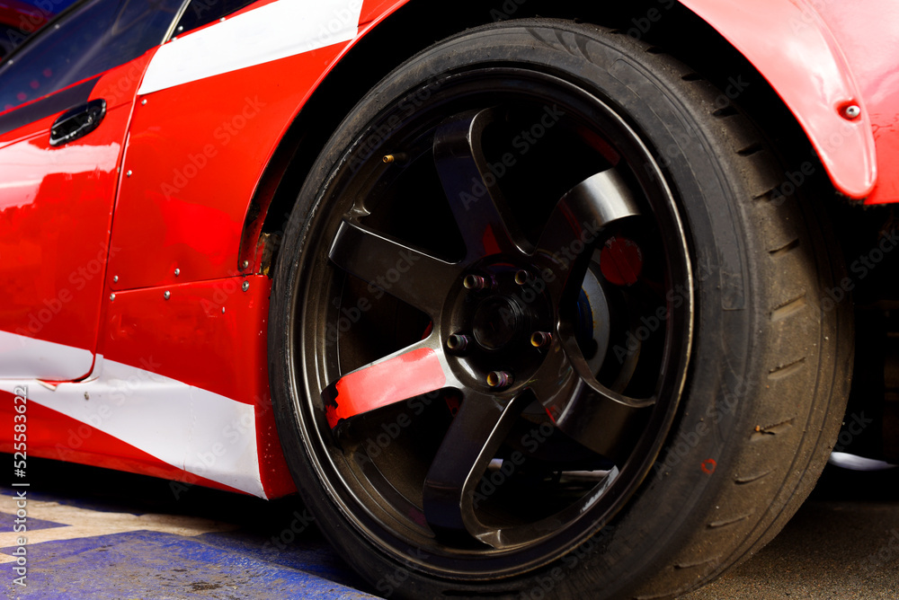 Tires of race car for driving. Drag and drift car with lower-profile ...