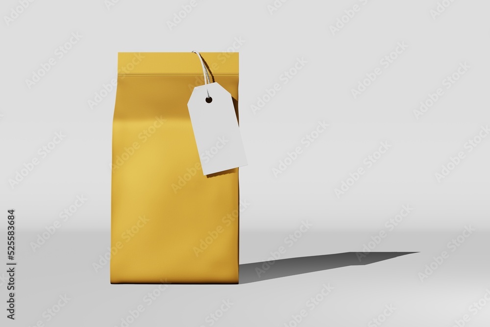 Golden standing box bottom pouch bag branding price tag card 3D ...