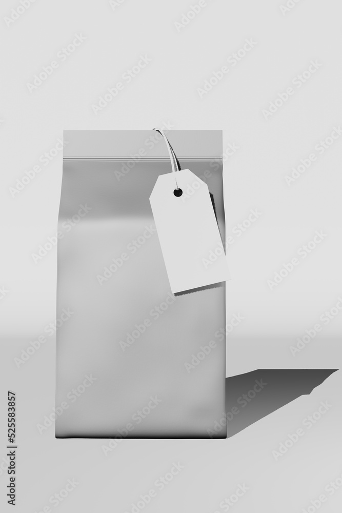 Silver pouch bag branding price tag card 3D rendering. Premium ...