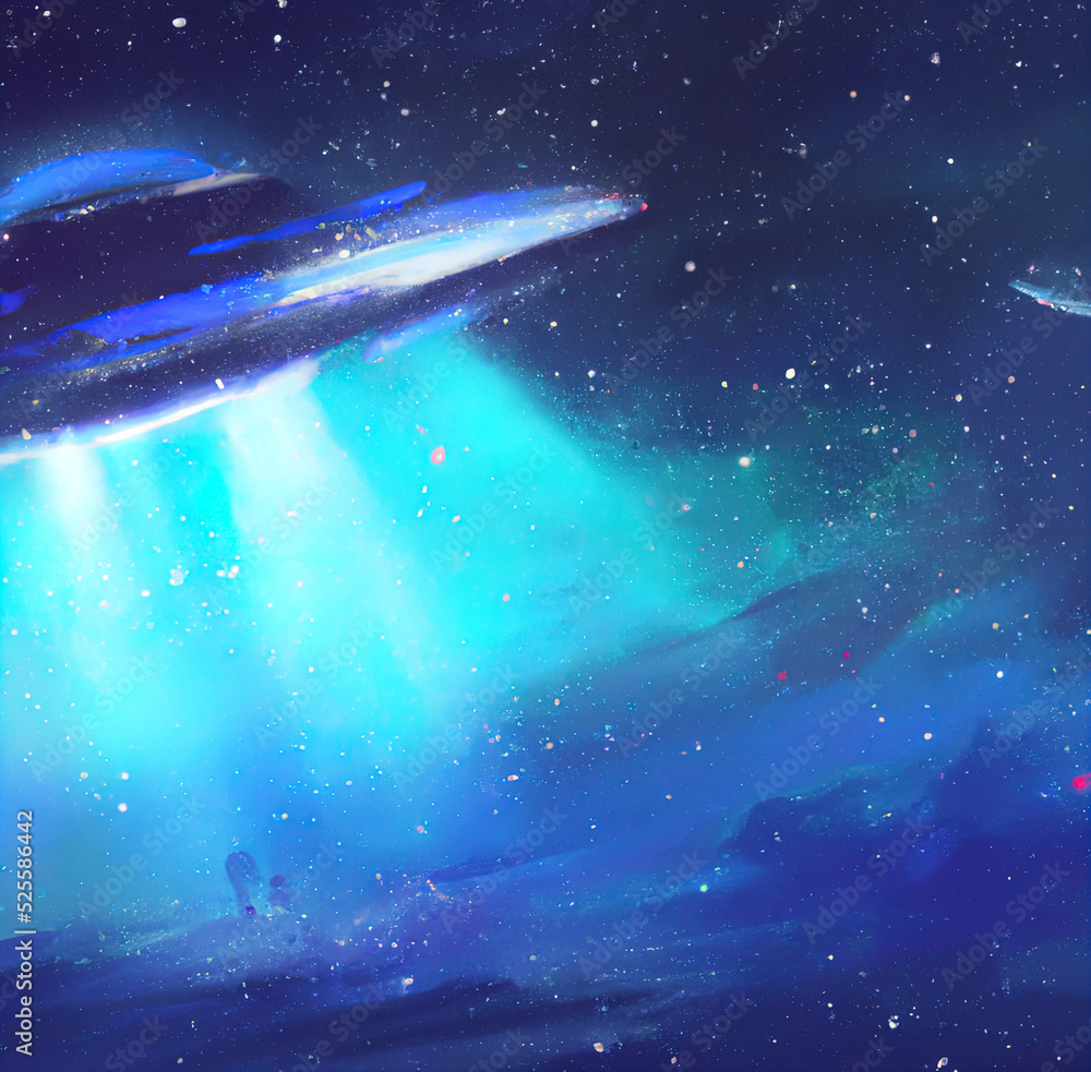 Pastel drawing UFO in space with beam from below. Digital painting of ...
