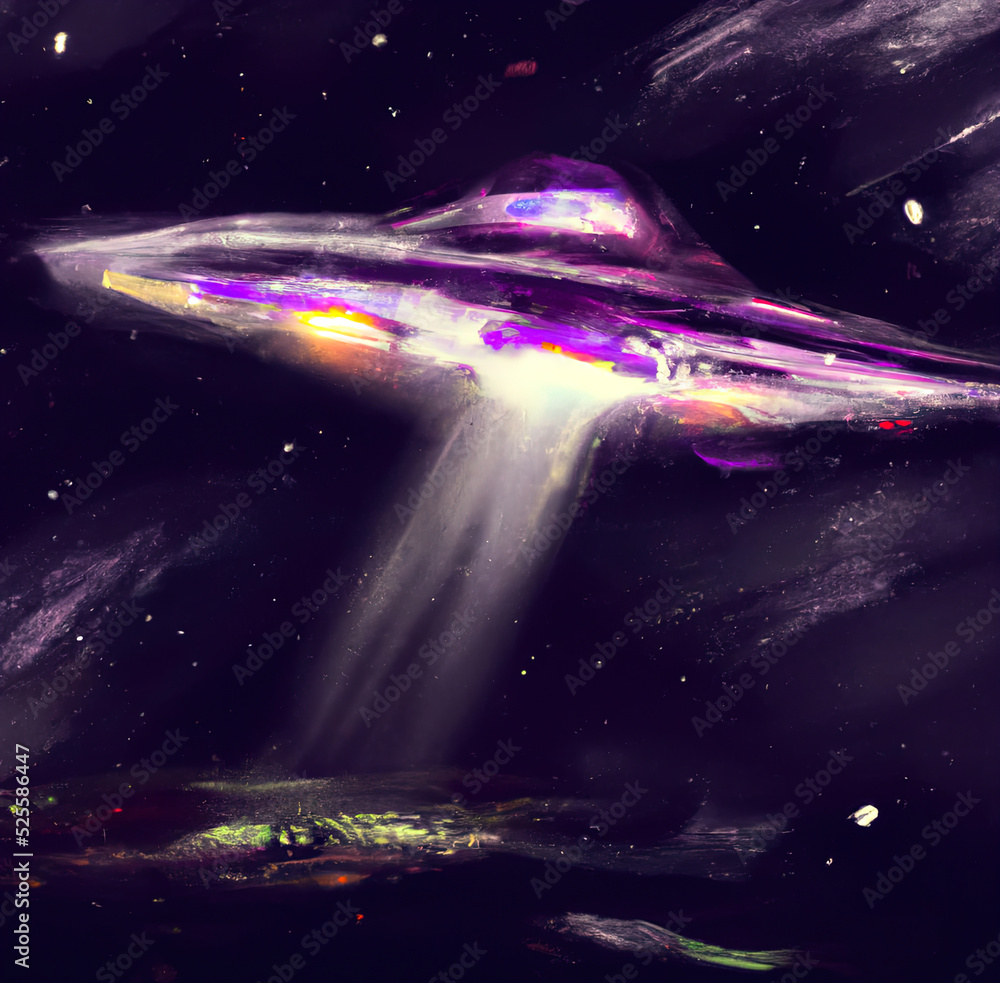 Pastel drawing UFO in space with beam from below. Digital painting of ...