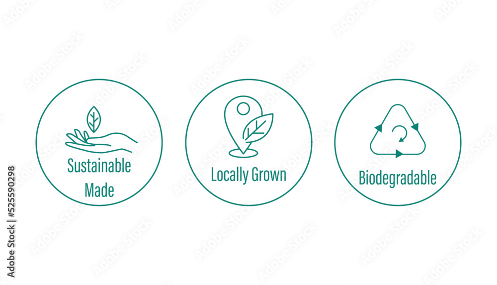 sustainable made, locally grown, biodegradable icons vector ...