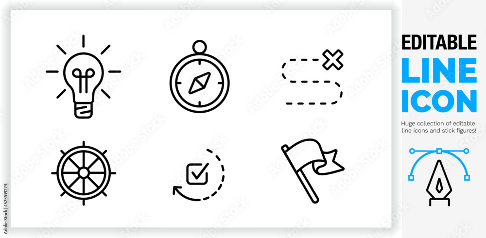 Editable line icon set about strategic course and direction Stock ...