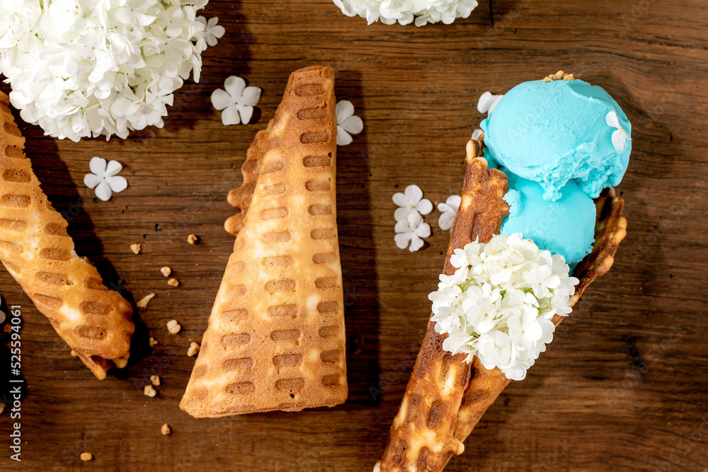 Turquoise ice cream in waffle cones Stock Photo | Adobe Stock