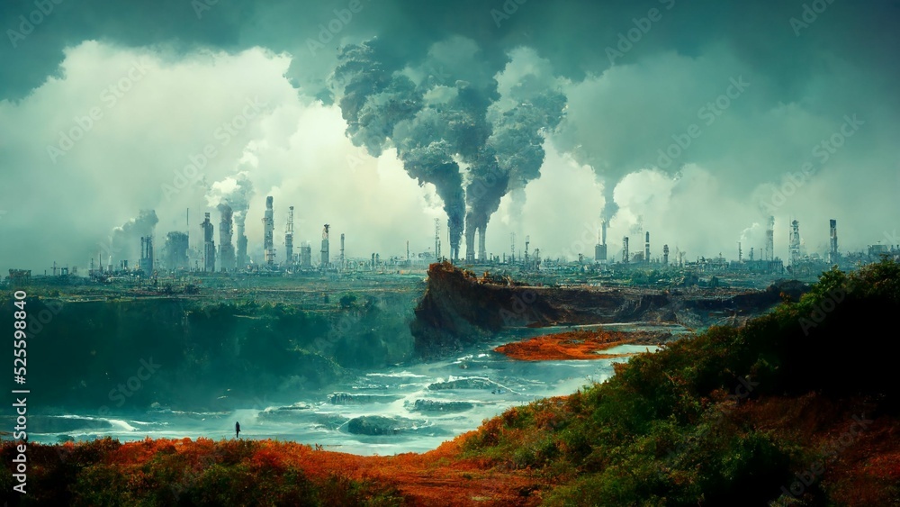 Painting of a rising sea and factories working - climate change, global ...