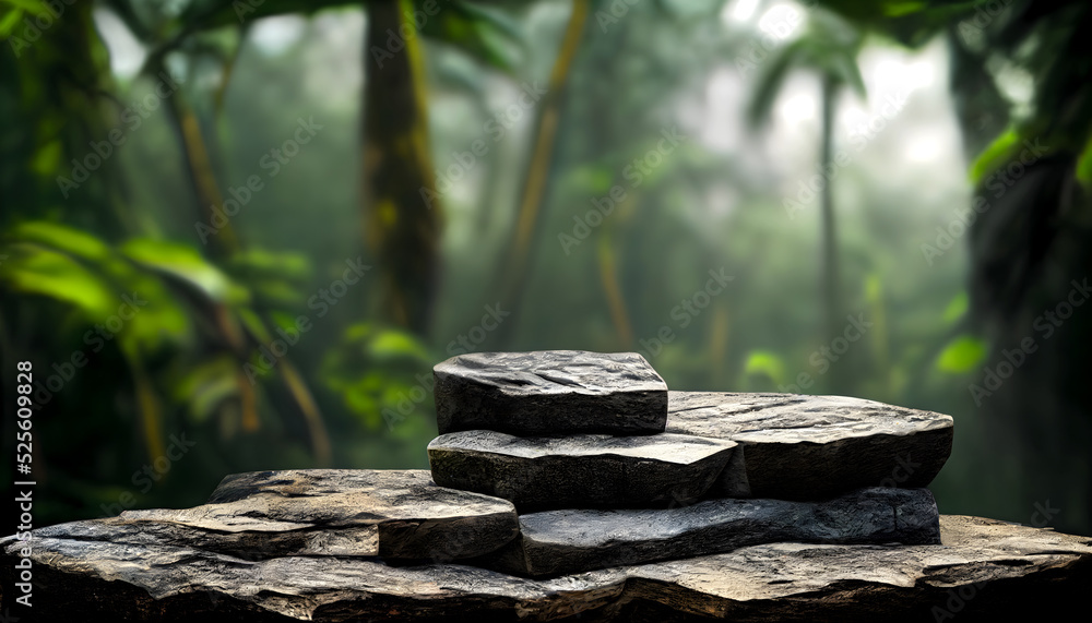 Stone product presentation podium in a jungle with palm trees Stock ...