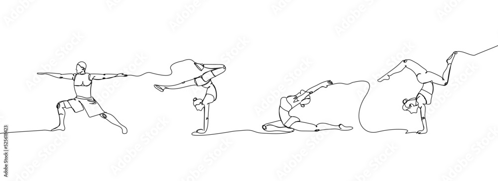 Gymnast, yoga, fitness people, training set one line art. Continuous ...