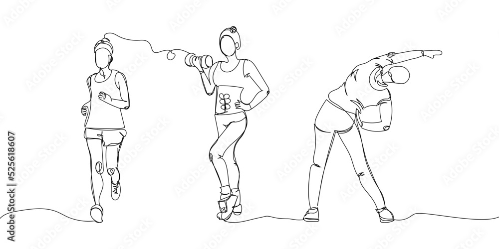 Fitness girls, training set one line art. Continuous line drawing ...