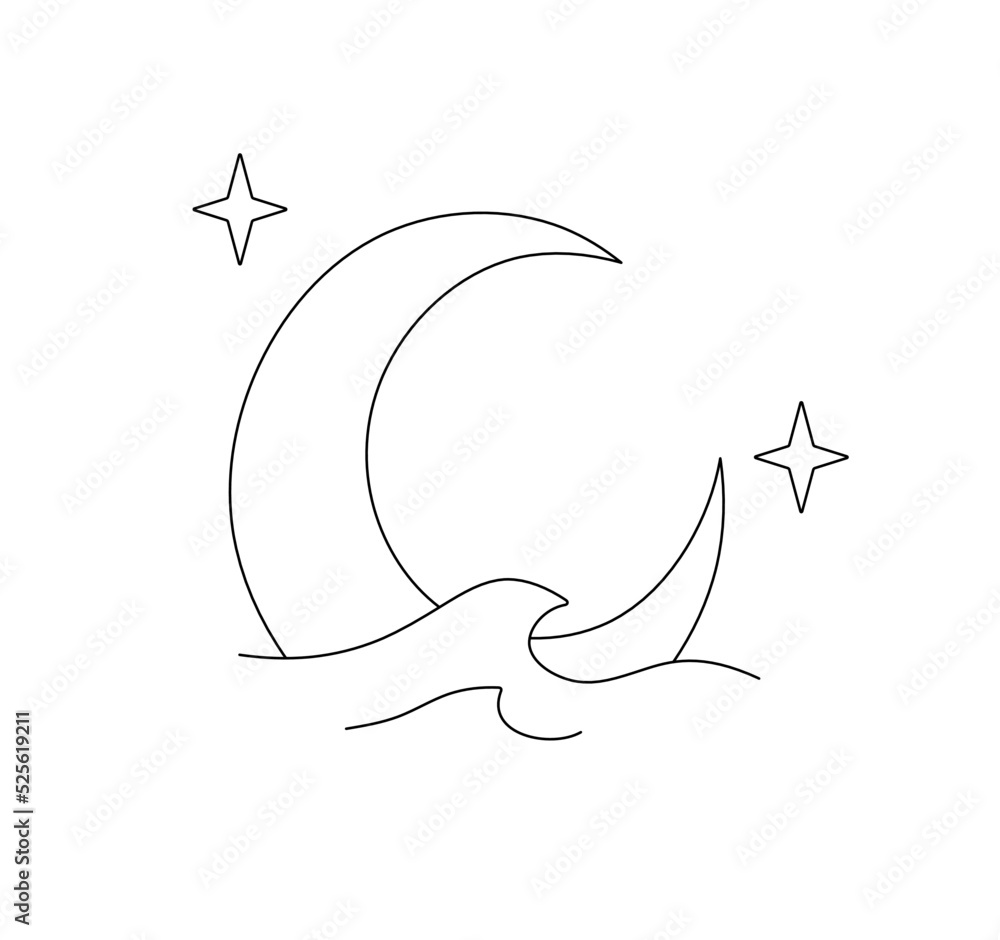 Vector isolated crescent moon drowning in water waves colorless black ...