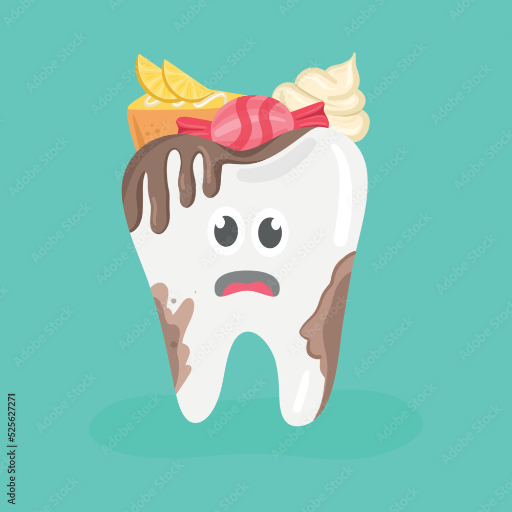 Cute tooth characters feel bad in flat style. unhealthy teeth plaque ...
